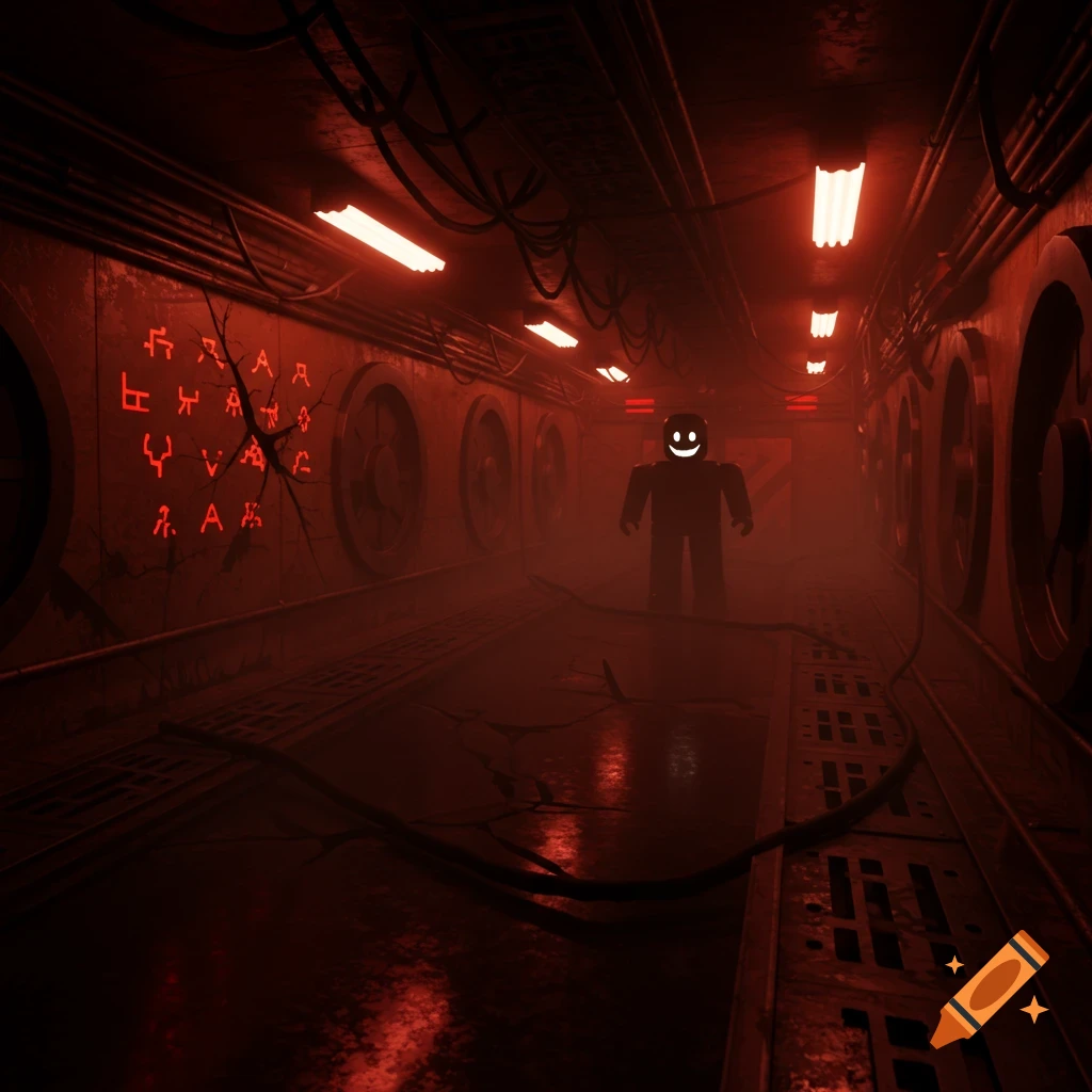 Dark red sci-fi hallway with strange symbols and a silhouetted figure ...