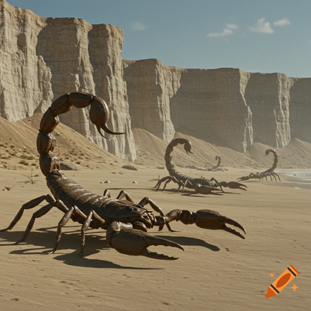 CGI giant scorpions crawling on barren desert beach on Craiyon