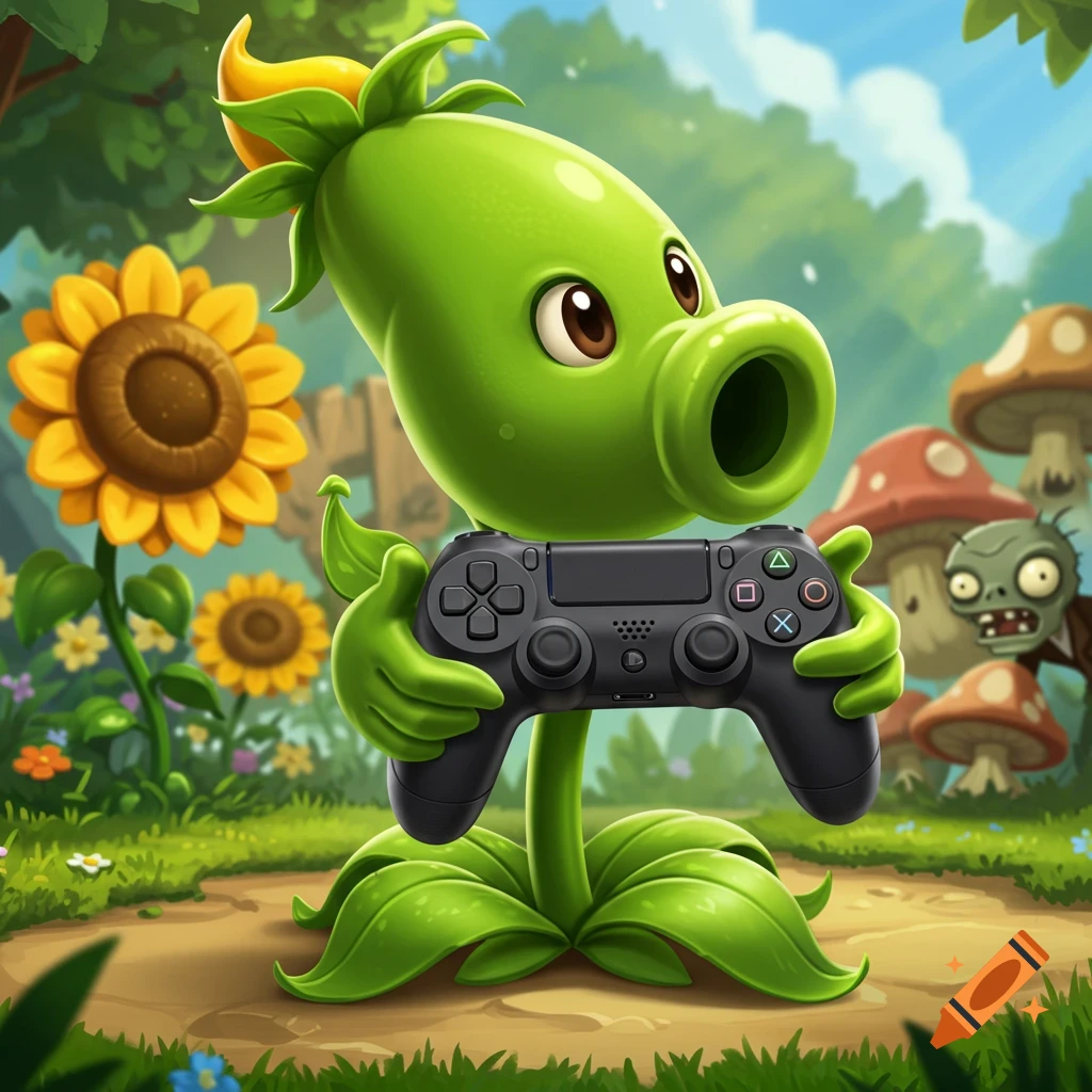 Cartoon peashooter from Plants vs Zombies holding a gaming controller ...