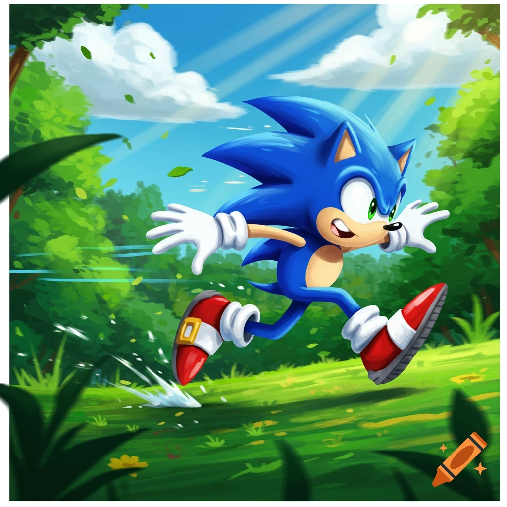 Illustration of Sonic the Hedgehog running through a lush green forest ...