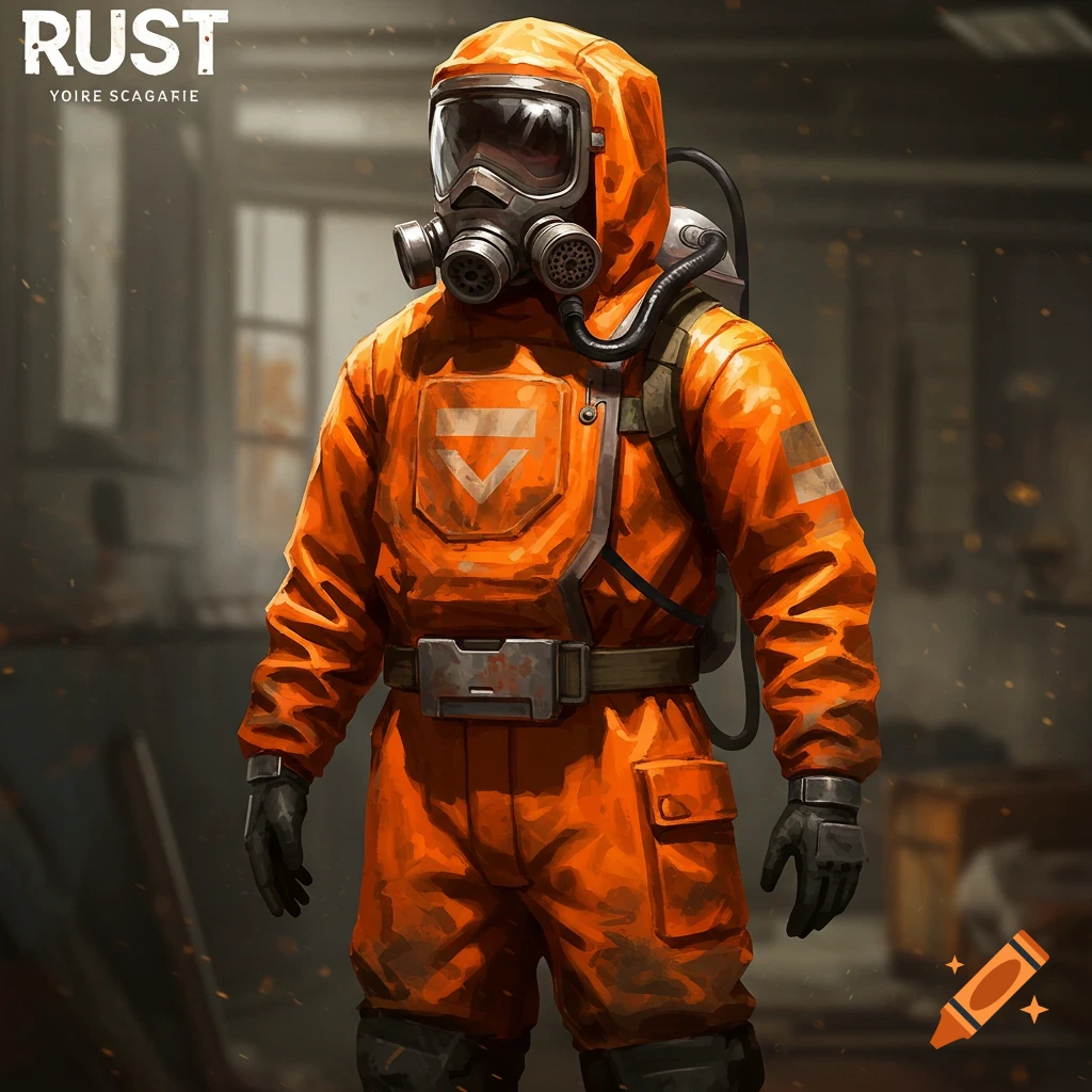 A person in an orange hazmat suit and gas mask holds a glowing sci-fi ...