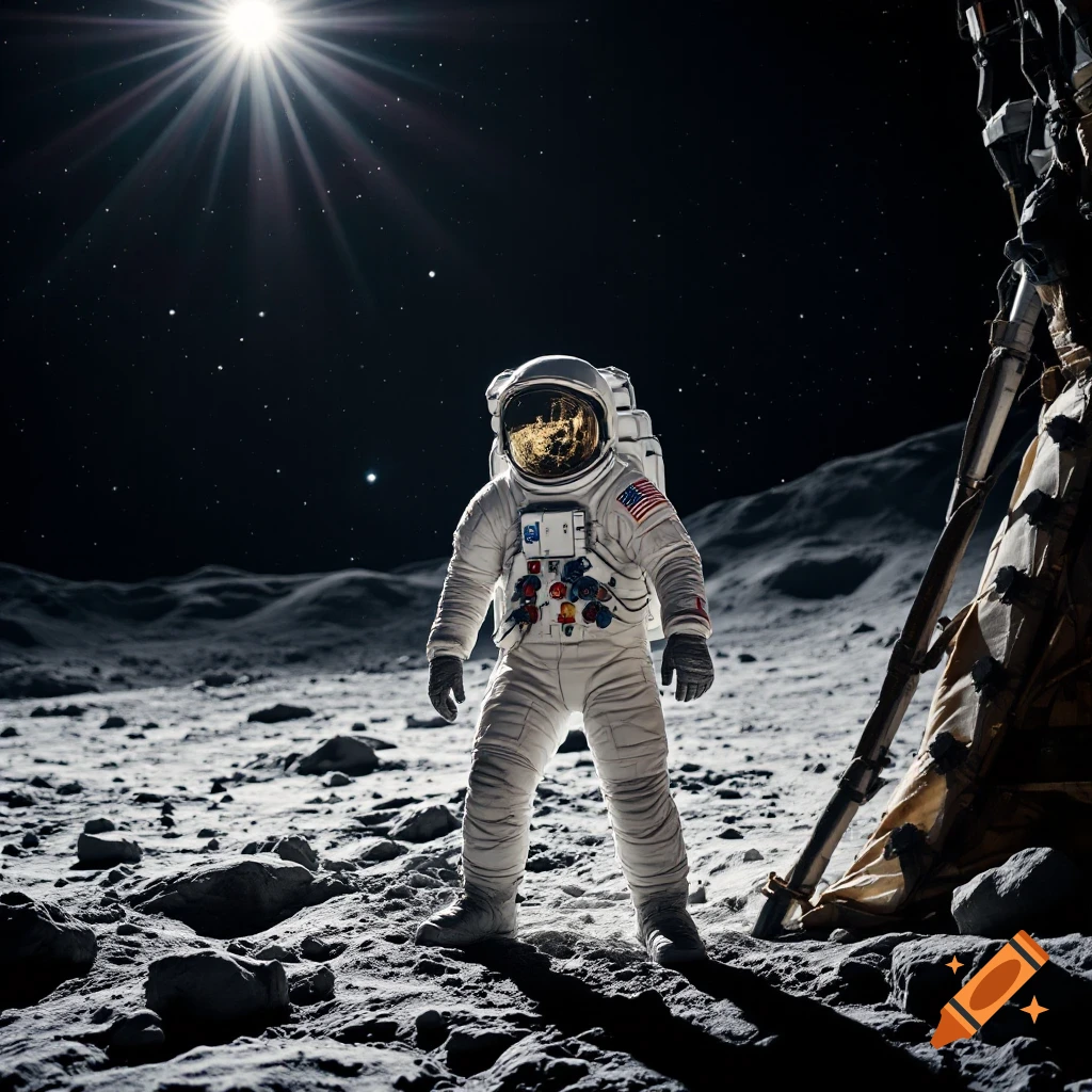 A photorealistic image of an astronaut standing on the moon next to a lunar module leg under a ...