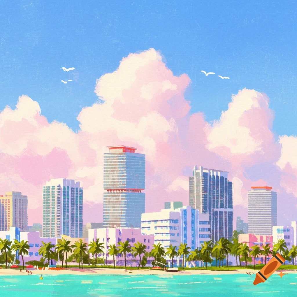 The Miami skyline features tall buildings, a beach, palm trees, and ...