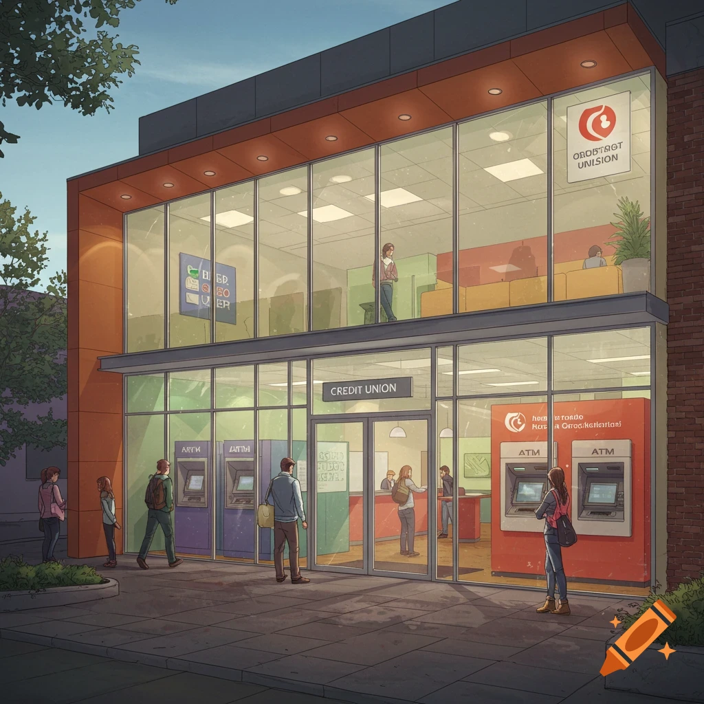 Modern credit union building with people using ATMs and entering. on ...