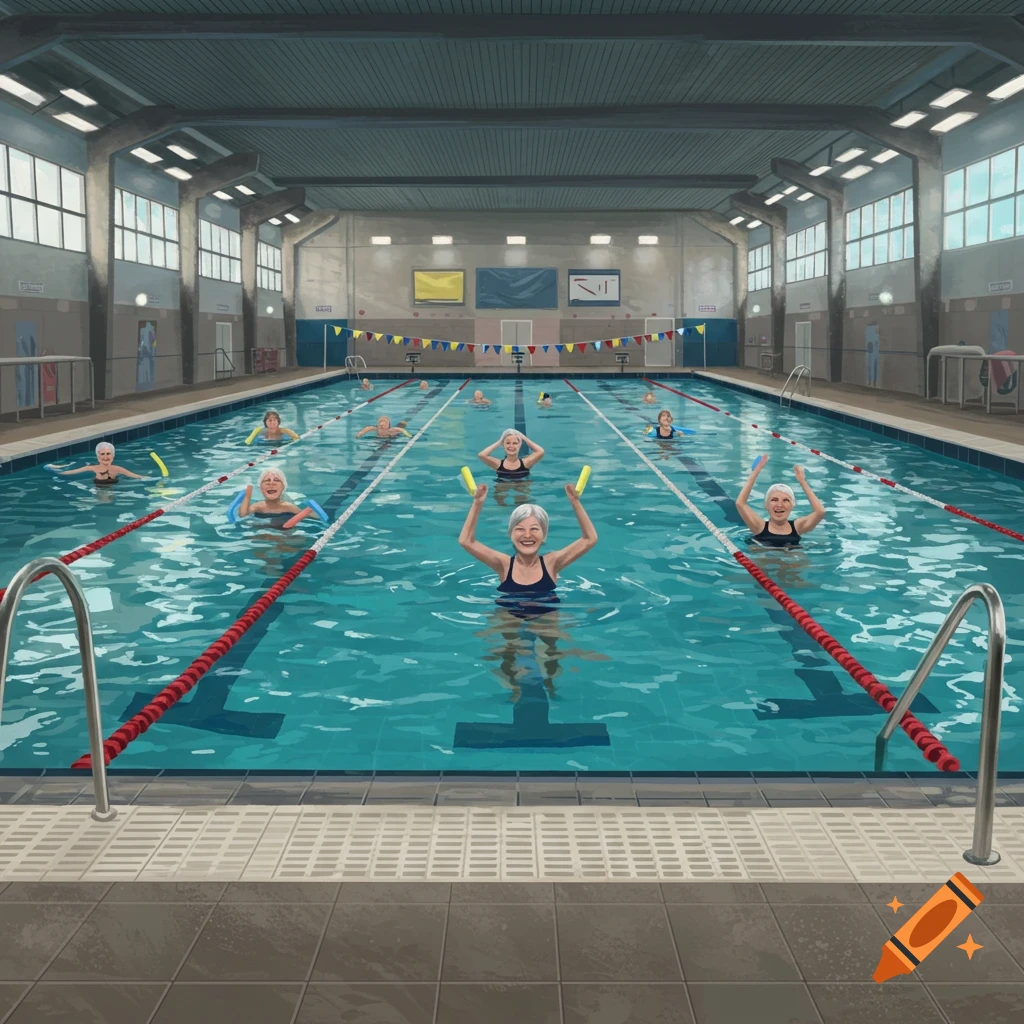 Indoor lap swimming pool with older people doing water aerobics on Craiyon