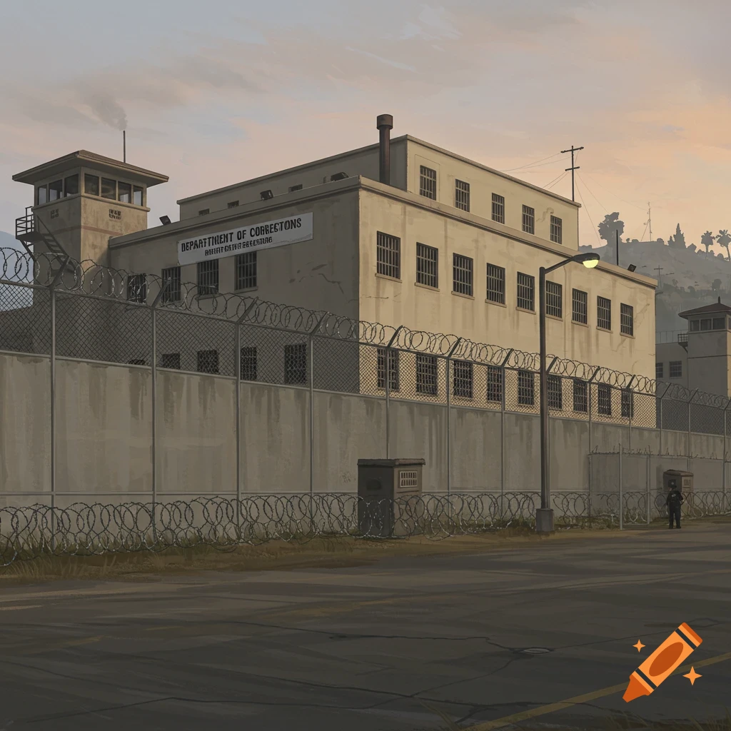 Department of Corrections prison building with watchtowers and fences ...