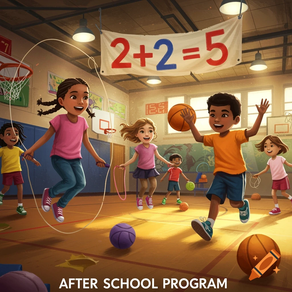 Elementary school kids playing sports in a gym on Craiyon