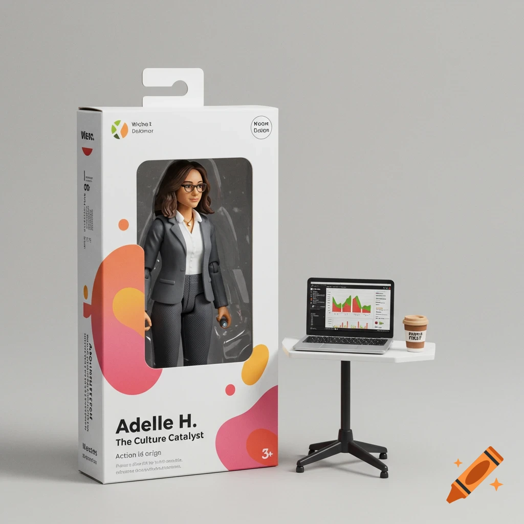 Action figure in a box with a miniature laptop and coffee cup. on Craiyon