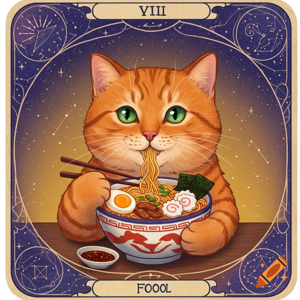 A cat eating ramen on a tarot card. on Craiyon