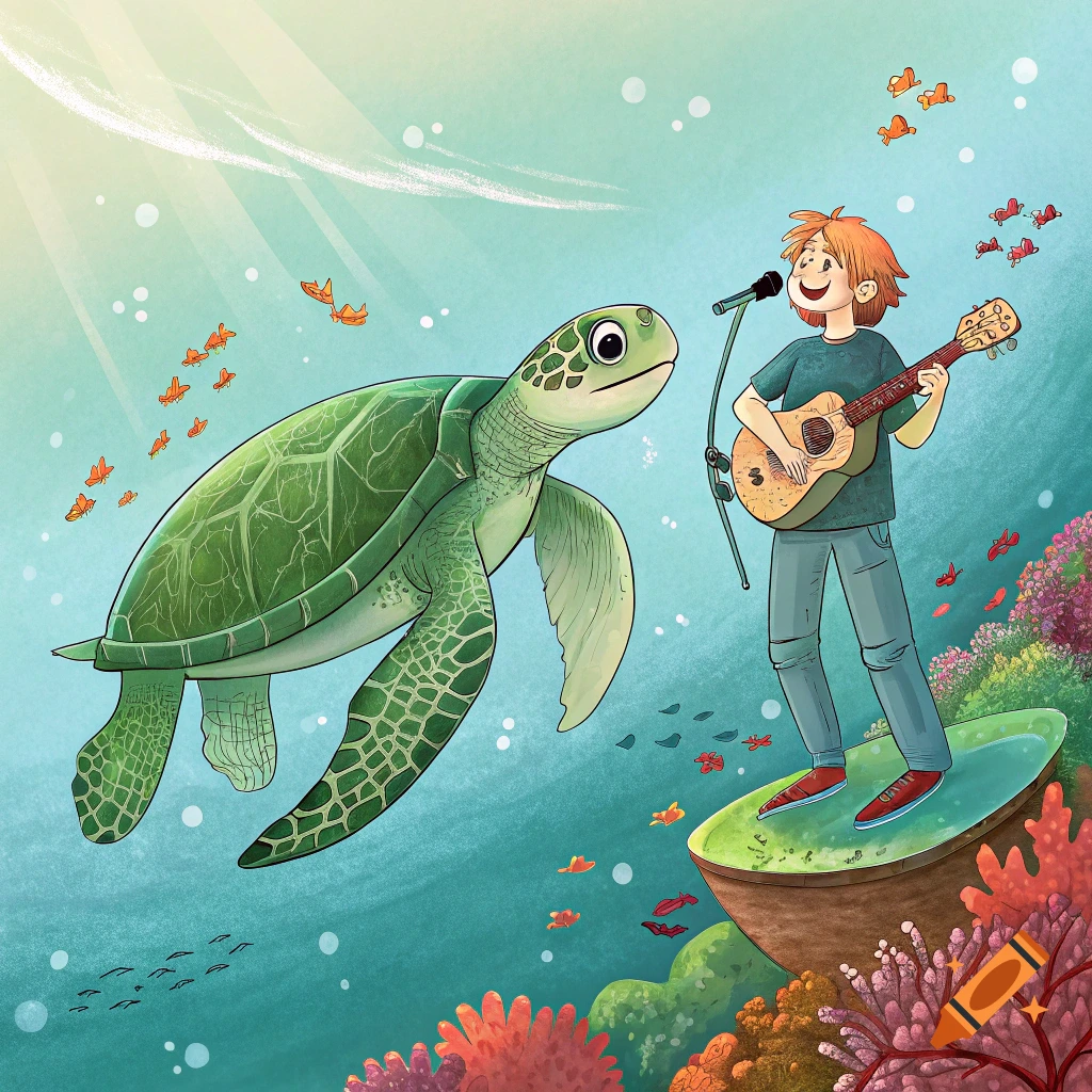 A cartoon illustration of a boy playing soccer on a beach with a large ...