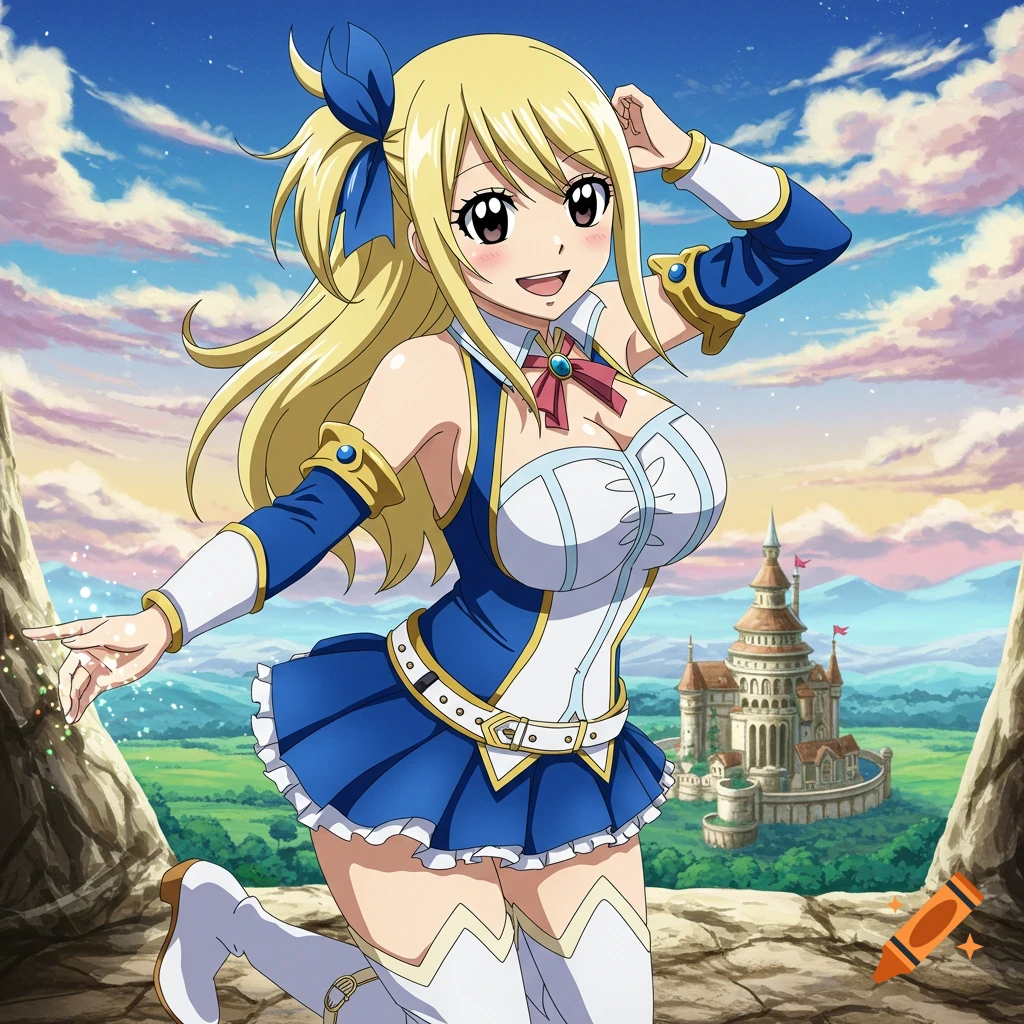 Anime Lucy Heartfilia smiling and reaching out, with a castle and ...