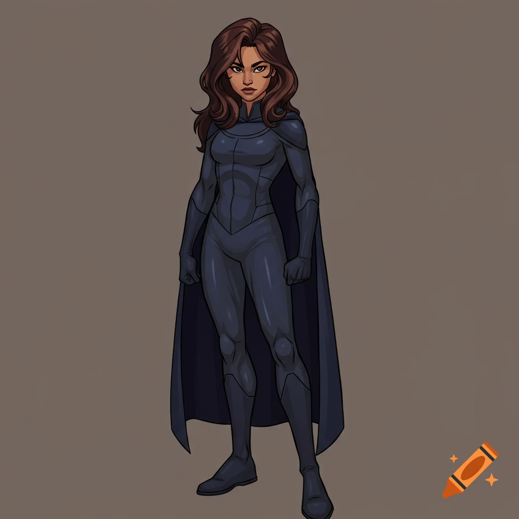 Full-body comic-style illustration of a woman superhero in a dark suit ...