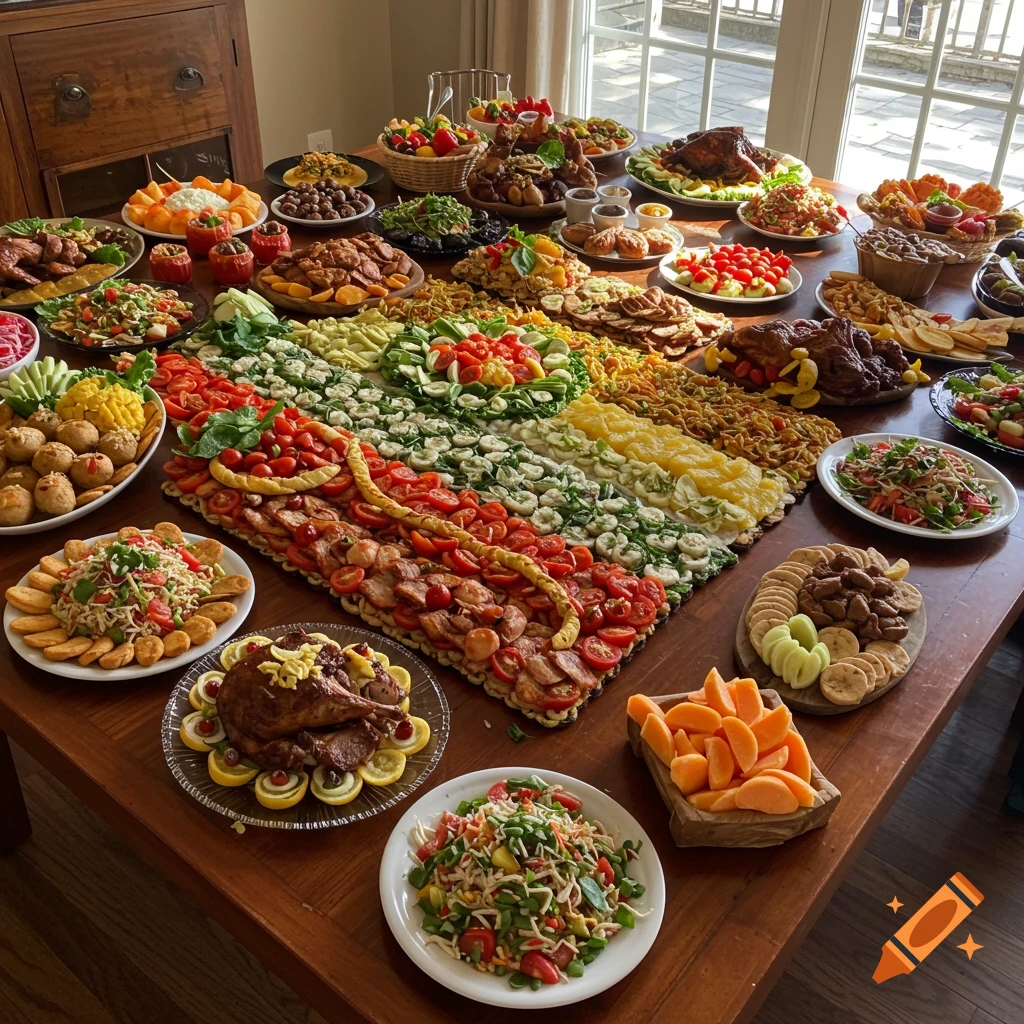 Food arranged in a flag design on a table on Craiyon