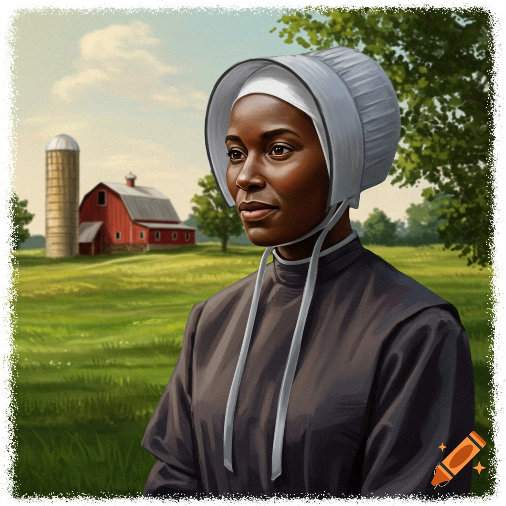 A Black woman in Amish attire in a rural landscape. on Craiyon