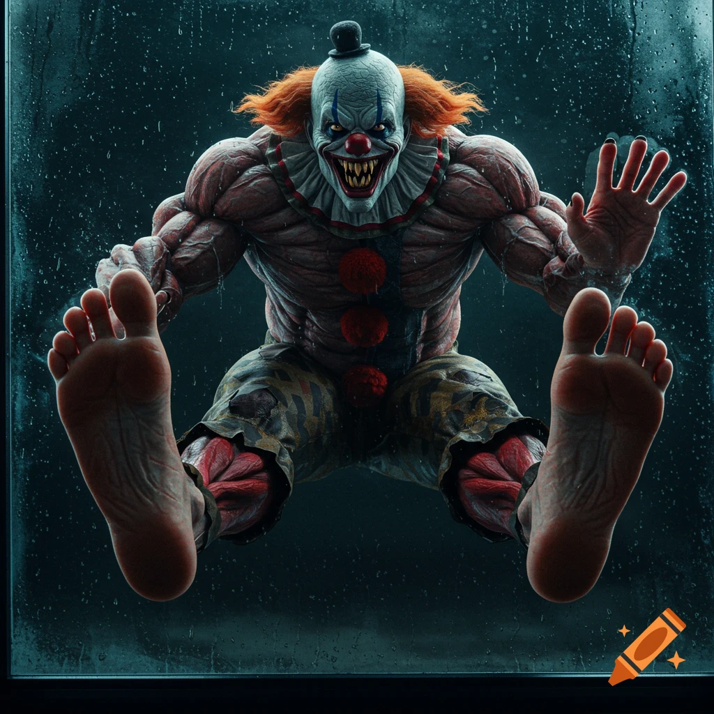 Hyper-realistic scary muscular clown pressing feet against glass on Craiyon