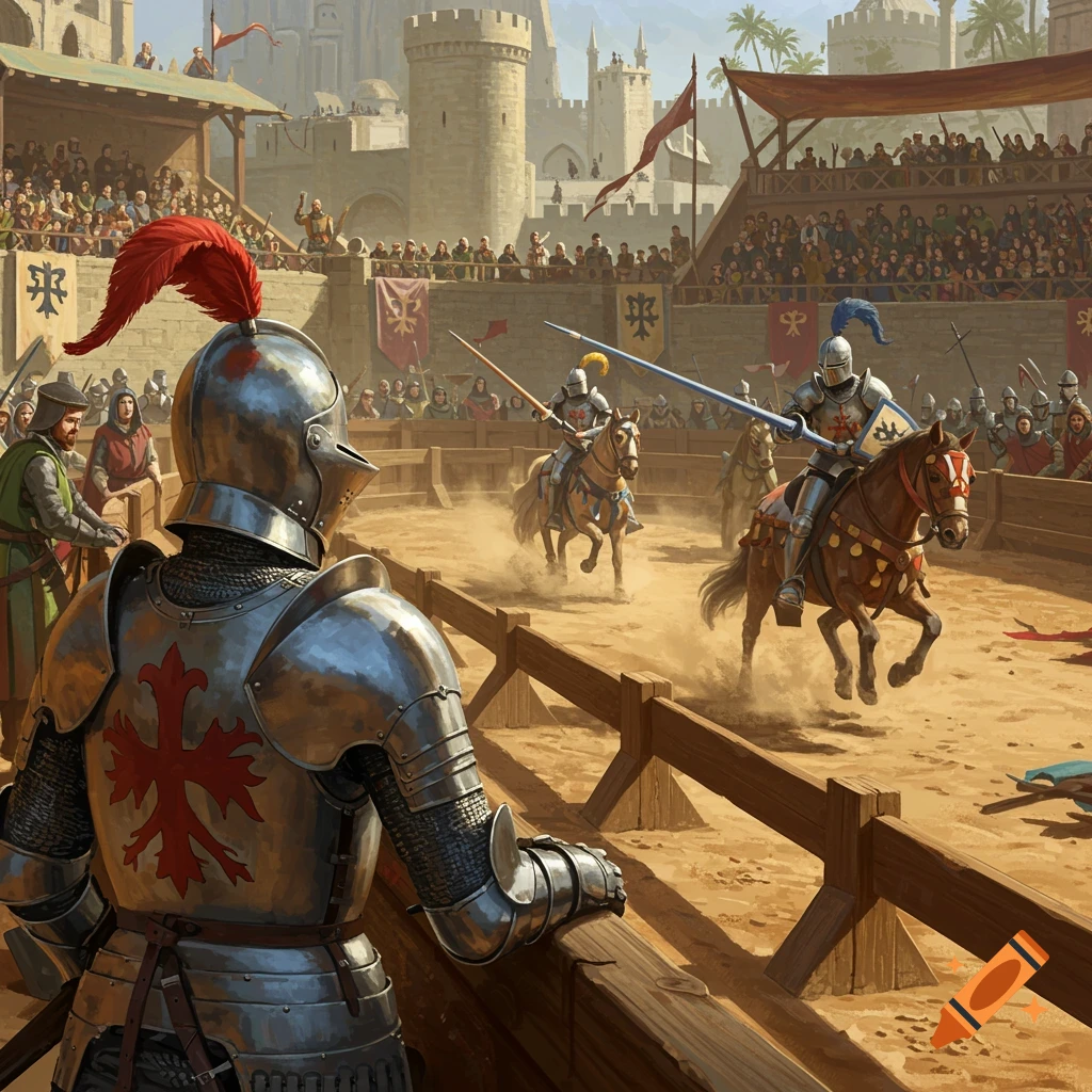 Three knights on horses in a medieval jousting arena before a crowd ...