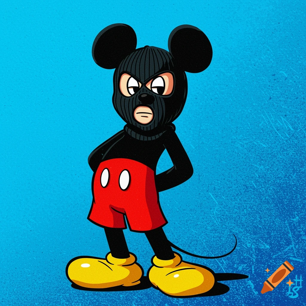 Cartoon cowboy Mickey Mouse in a Metallica shirt holds a Mountain Dew can in a western landscape ...