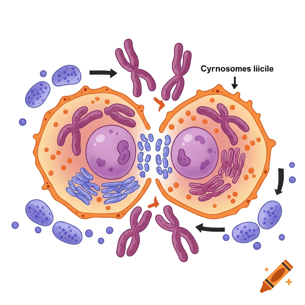 Colorful clip art diagram showing cell mitosis and division. on Craiyon