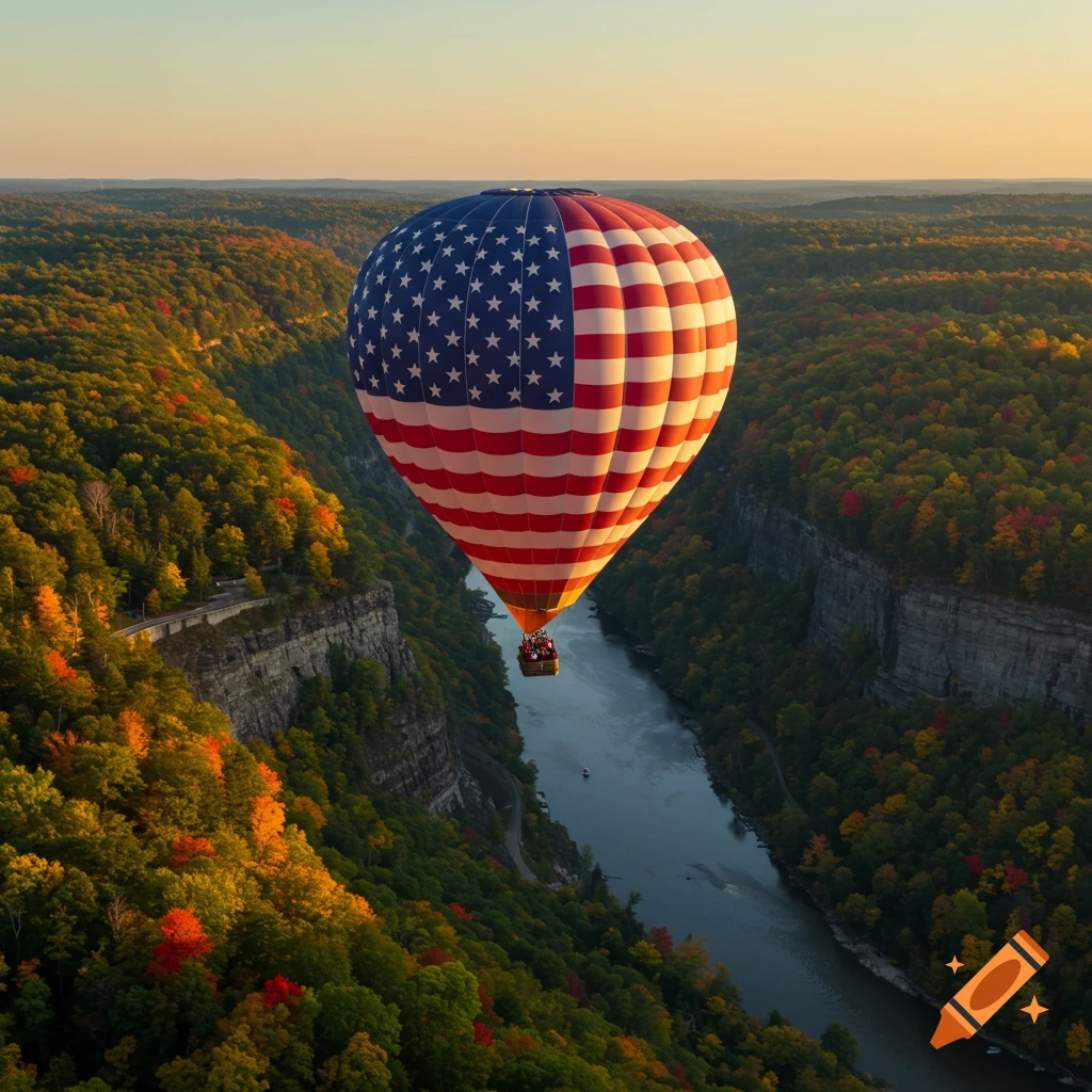 Hot air balloon with American flag over Letchworth State Park on Craiyon
