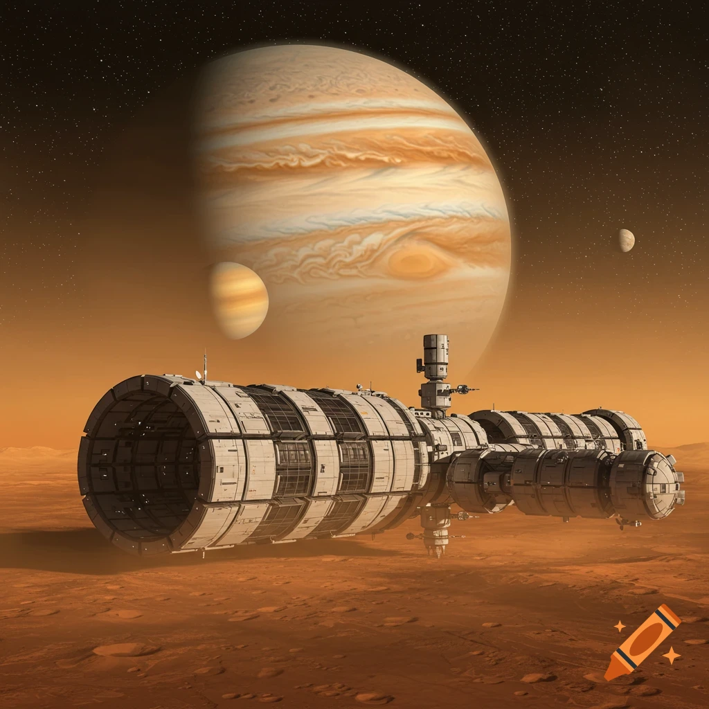 A futuristic modular space habitat on an alien planet surface with ...