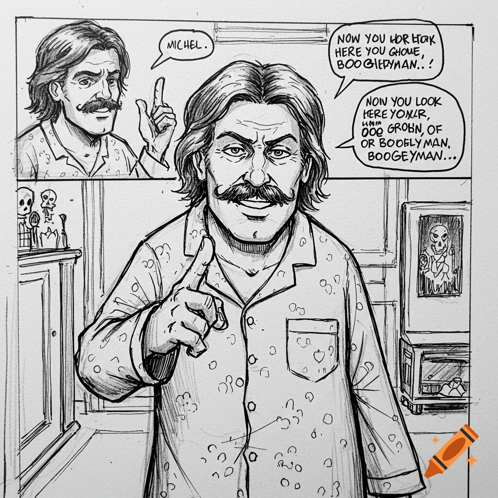 Sketch of Michael in pajamas, finger wagging on Craiyon