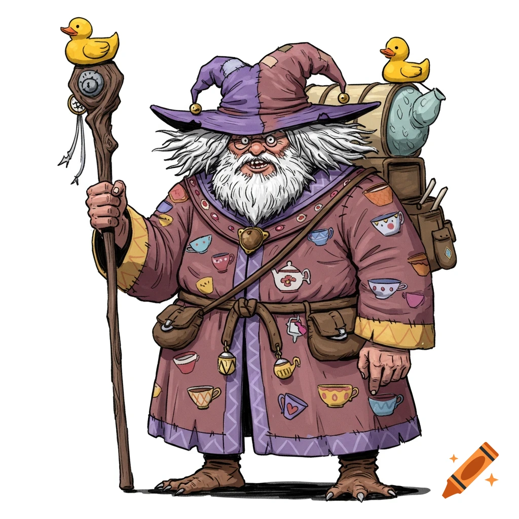 Drawing of muscular halfling wizard with rubber duck staff on Craiyon