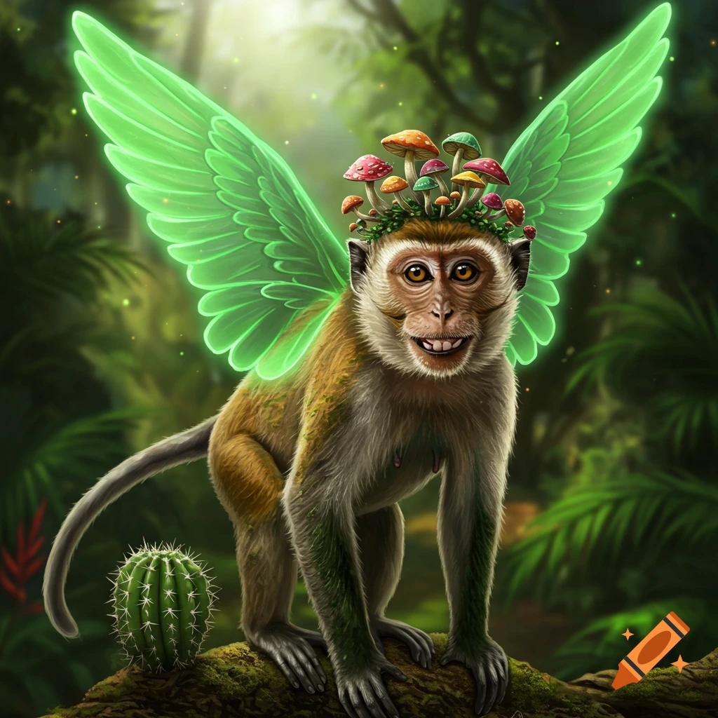Malaysian monkey with glowing green wings, cactus tail, mushroom hair ...