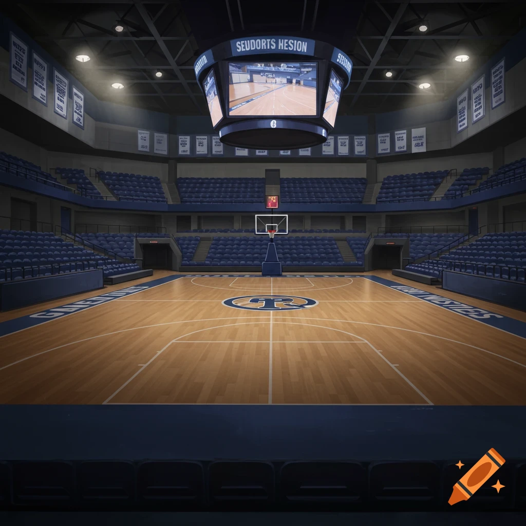 An empty basketball arena with blue seats and a scoreboard on Craiyon