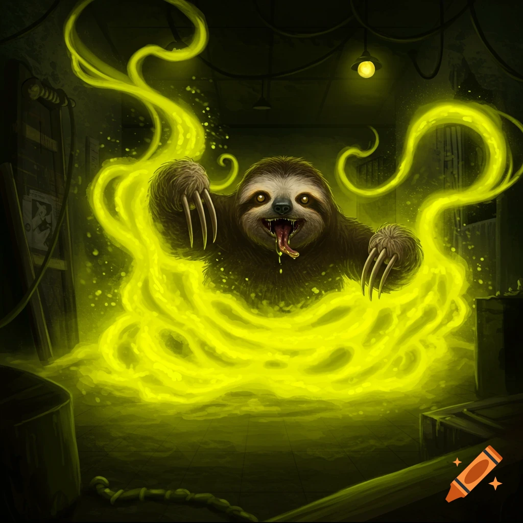 Horror sloth crawling in a room with yellow gas on Craiyon
