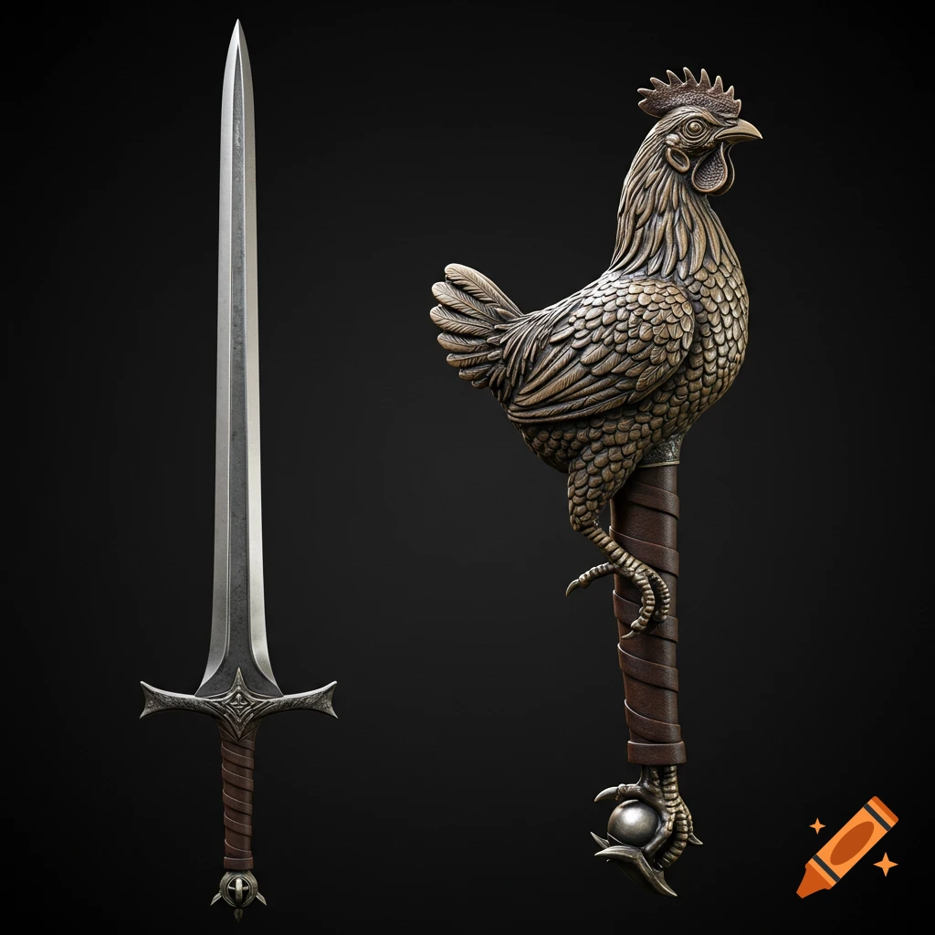 A long fantasy sword beside a sword handle shaped like a detailed ...