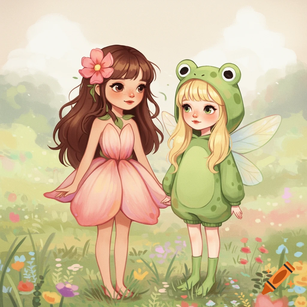 Two girls, one with a flower and pastel dress, the other in a frog ...
