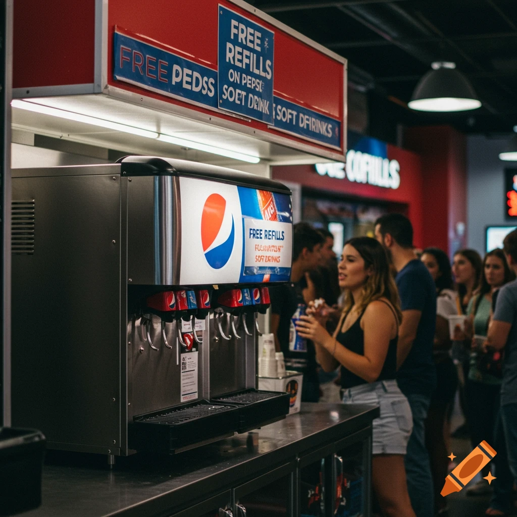 Pepsi fountain soft drinks with free refills at concession stand on Craiyon