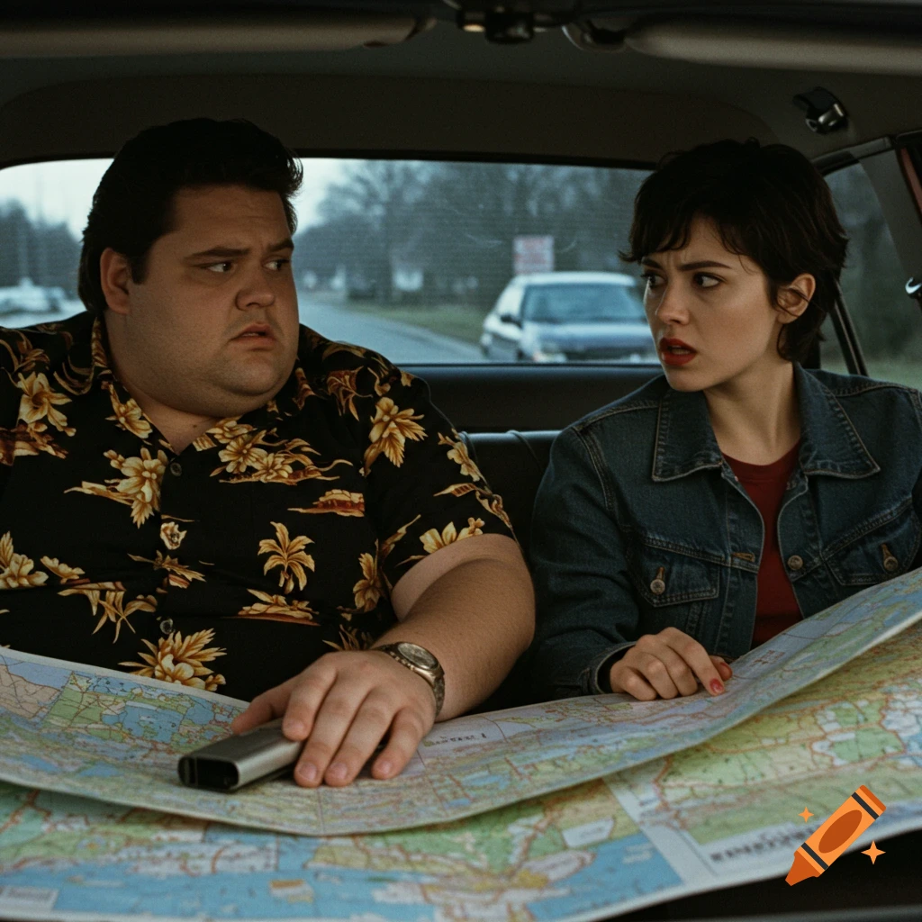 1984 movie scene with two people in a car arguing over a map on Craiyon