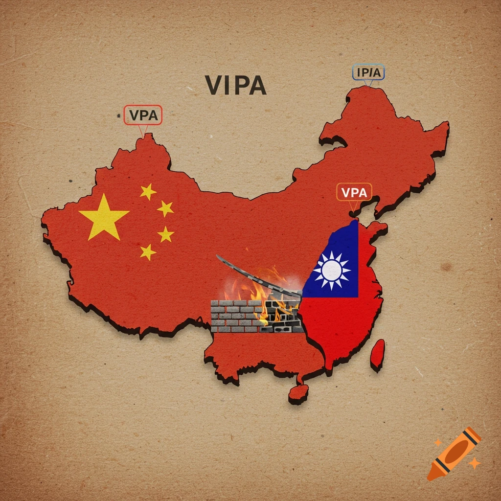 3D map of China and Taiwan with Chinese and Taiwanese flags, VPN symbol ...
