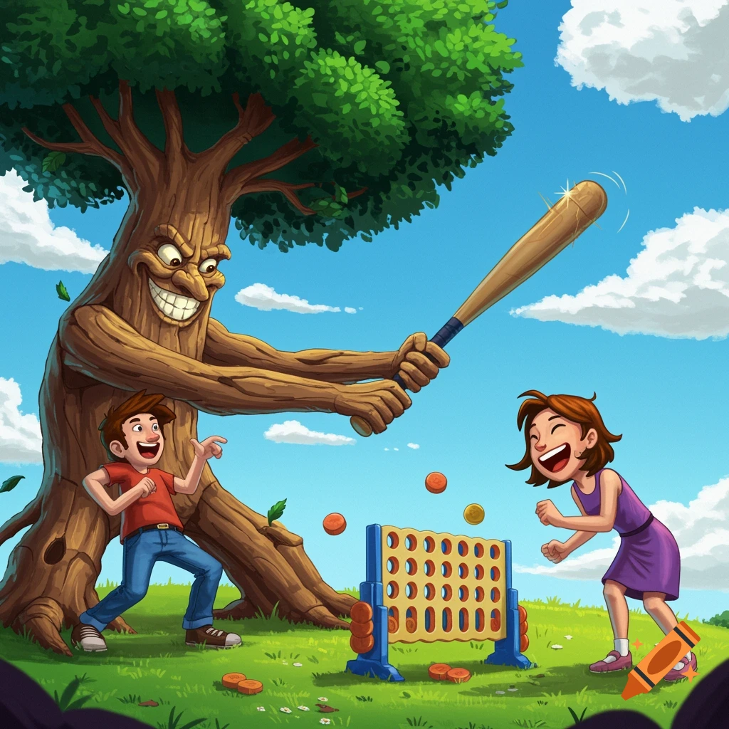 A cartoon tree swings a baseball bat towards two children playing ...