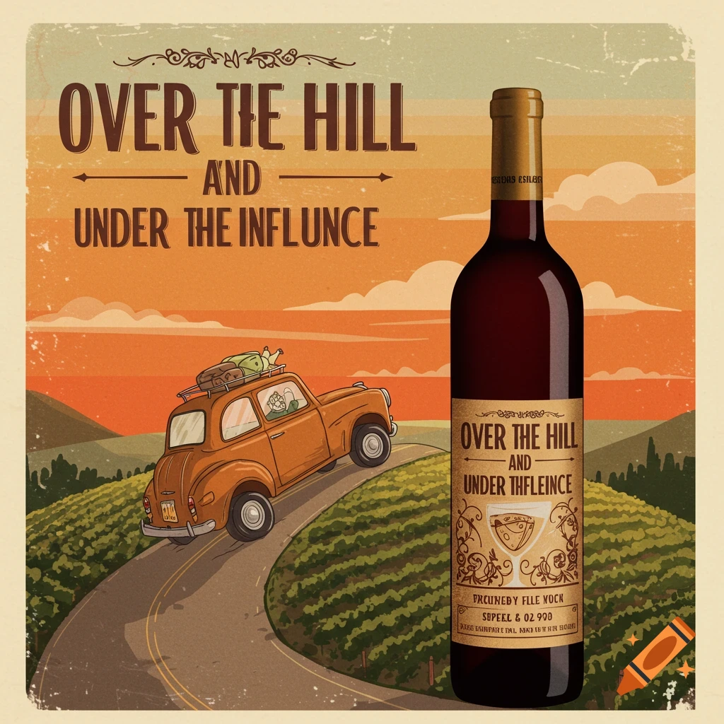 Vintage illustration of a wine bottle next to a car on a road through ...