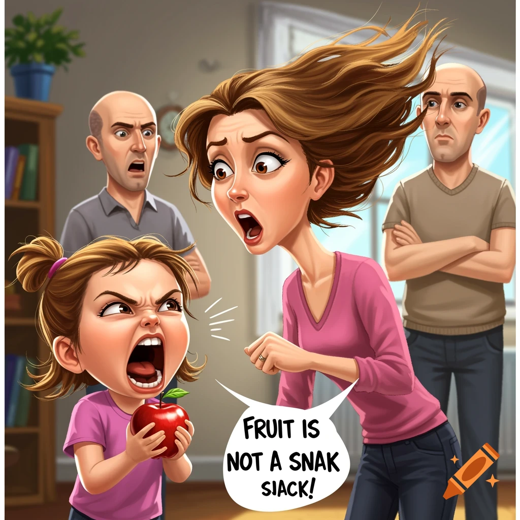 Cartoon of a girl yelling at her mother that fruit is not a snack on Craiyon