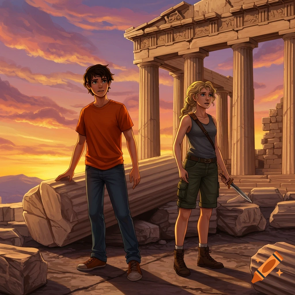 Percy Jackson and Annabeth Chase among ancient ruins at sunset. on Craiyon