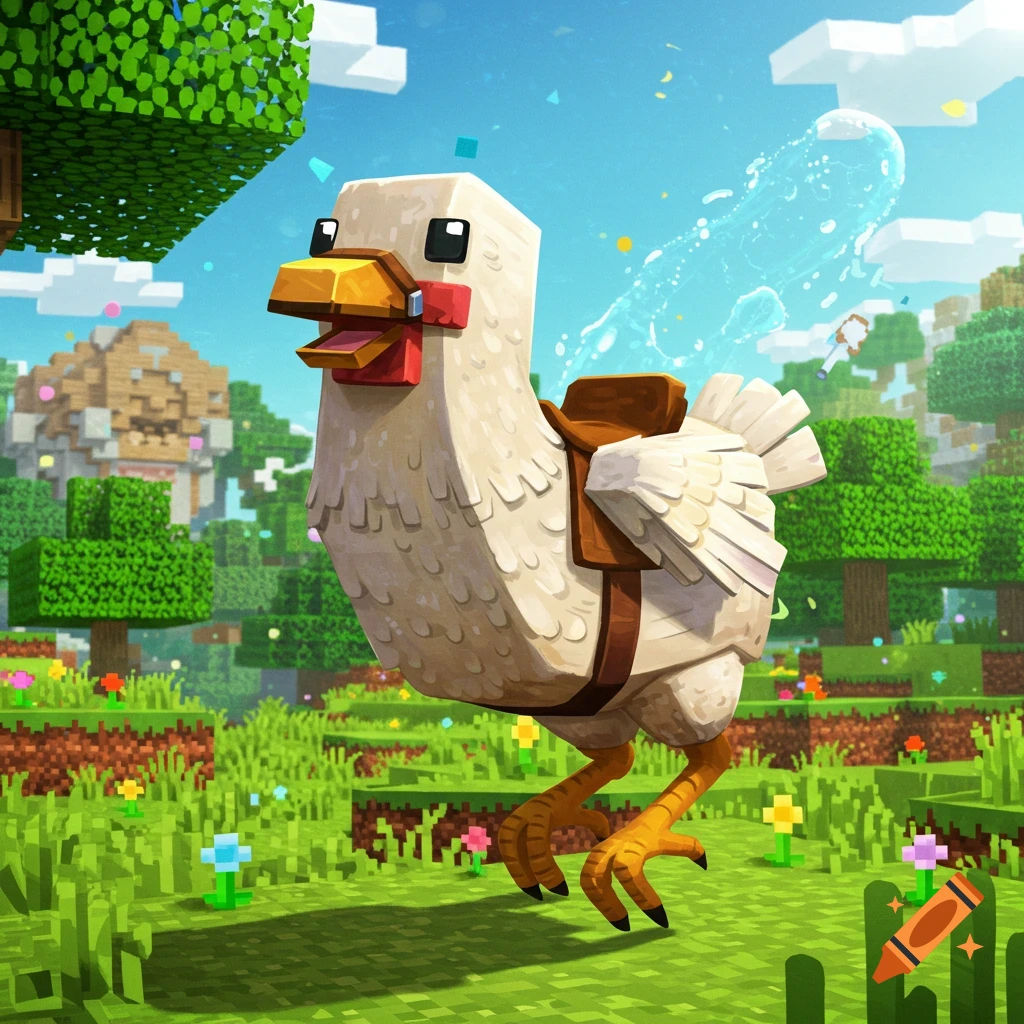 An Ewok rides a chicken in a Minecraft world. on Craiyon