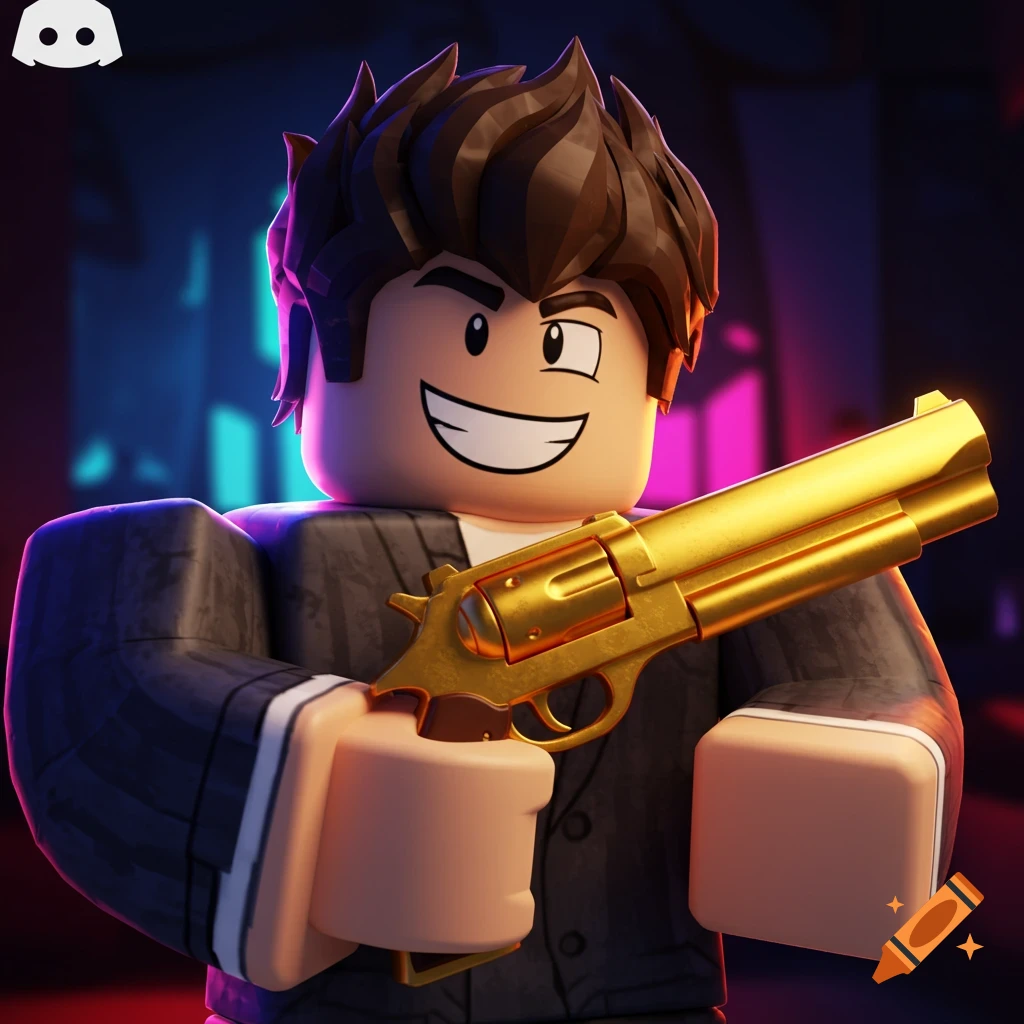 Stylized Roblox character in a suit holding a golden revolver. on Craiyon