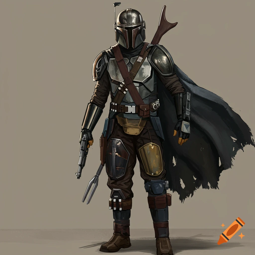 Mandalorian tech engineer in black and gold armor with blasters on Craiyon