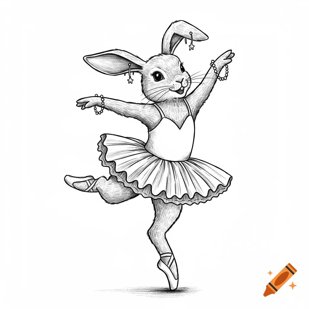 Black and white drawing of a dancing rabbit in a tutu with earrings and ...
