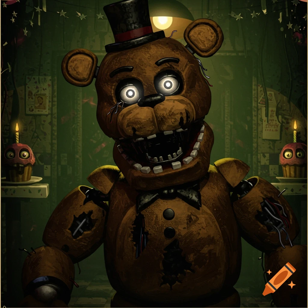 A terrifying, golden-brown nightmare animatronic Fredbear from Five Nights at Freddy's 4 stands ...