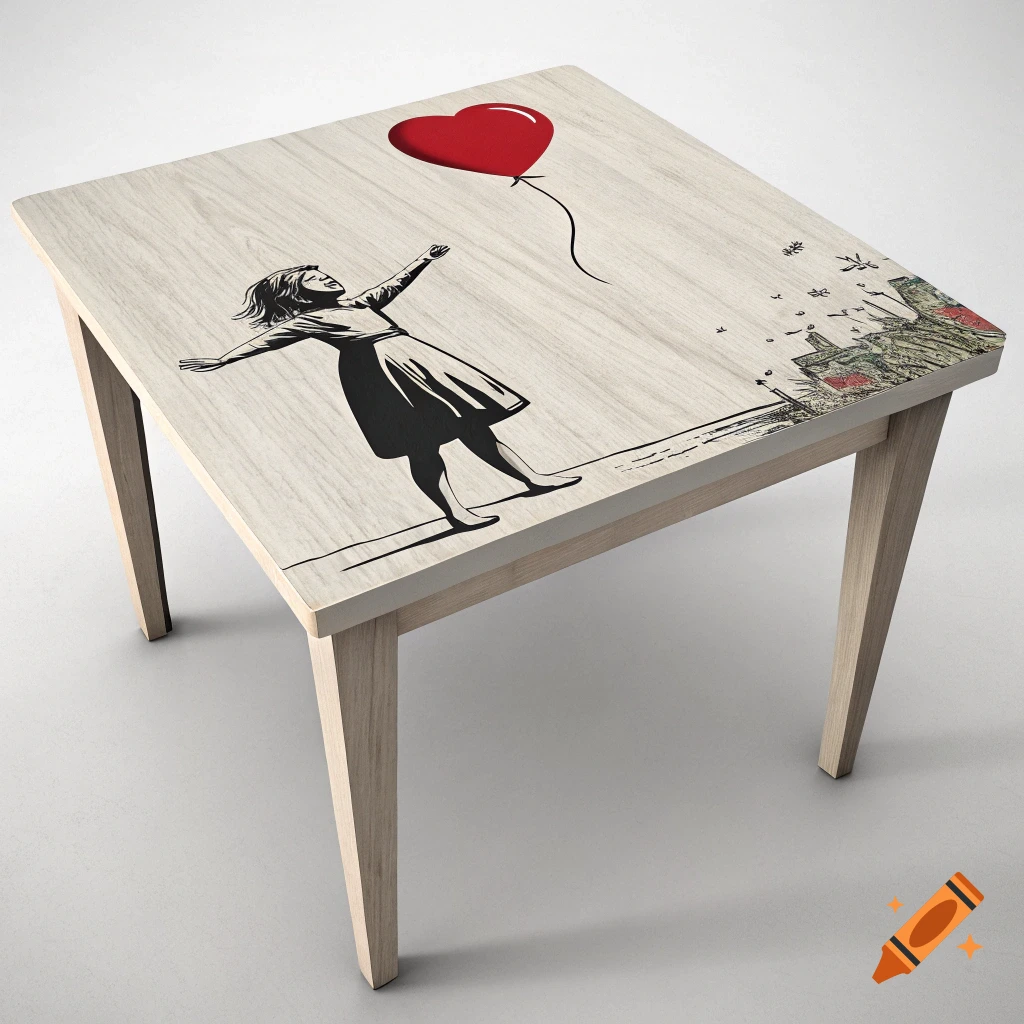 Table based on Banksy Balloon Girl shredded art on Craiyon