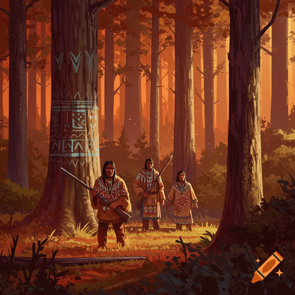 Three First Nations people with rifles in an autumn forest at sunset ...