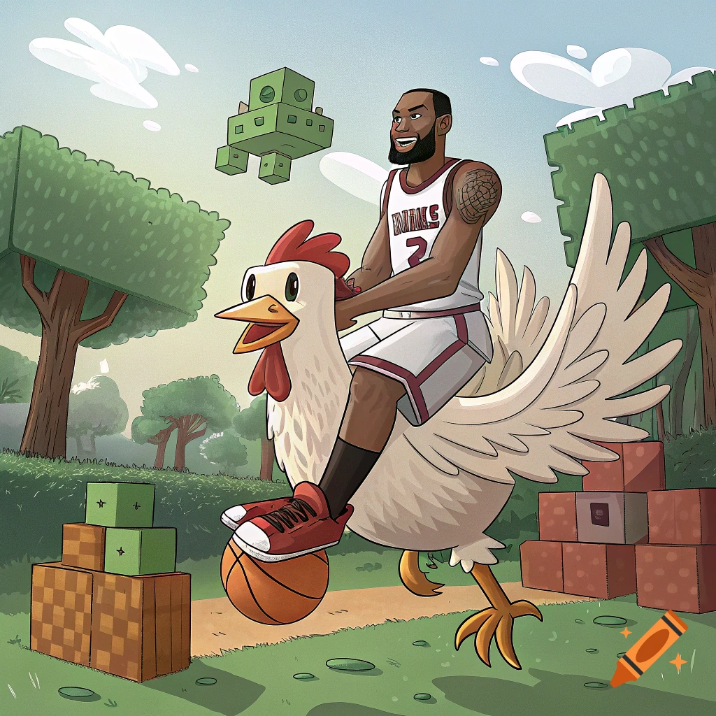 Lebron riding a Minecraft chicken, baby zombie size on Craiyon