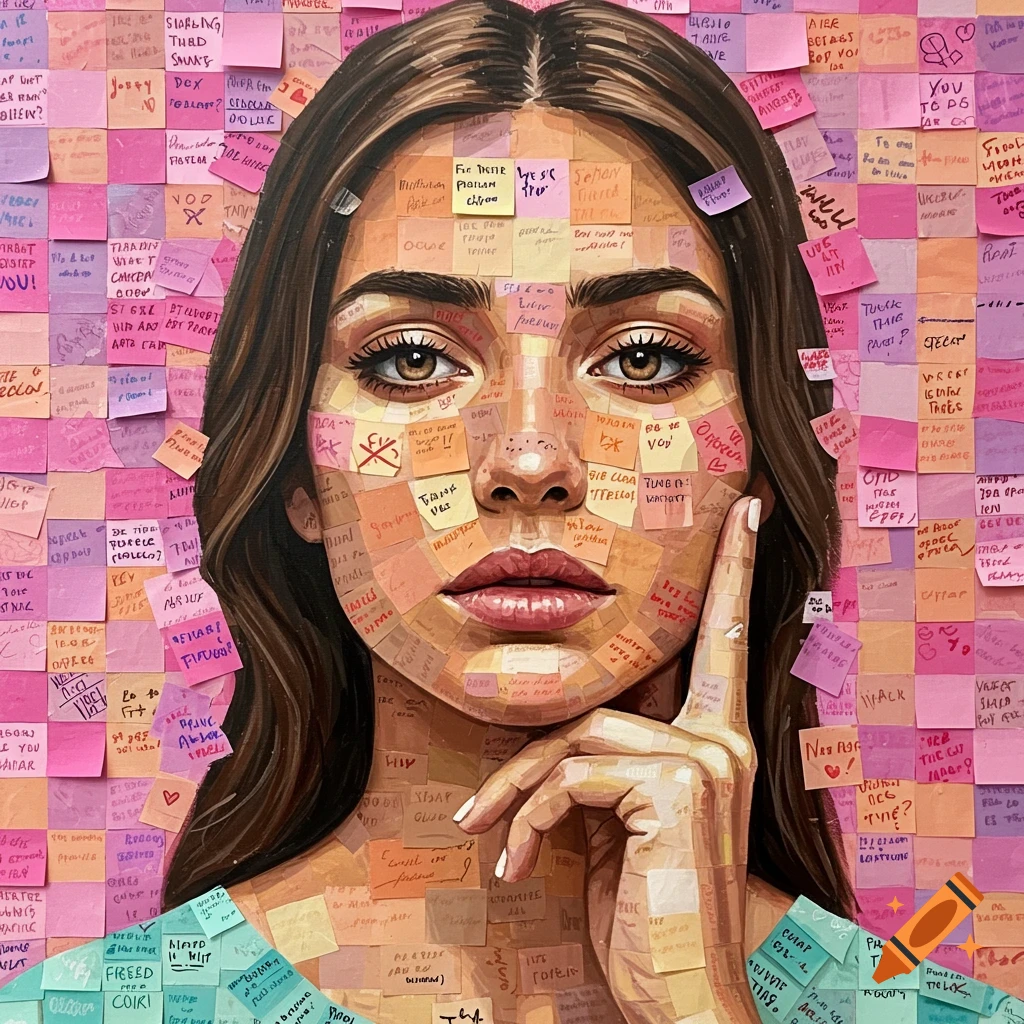 Colorful mosaic portrait of a woman's face made from Post-it notes with ...