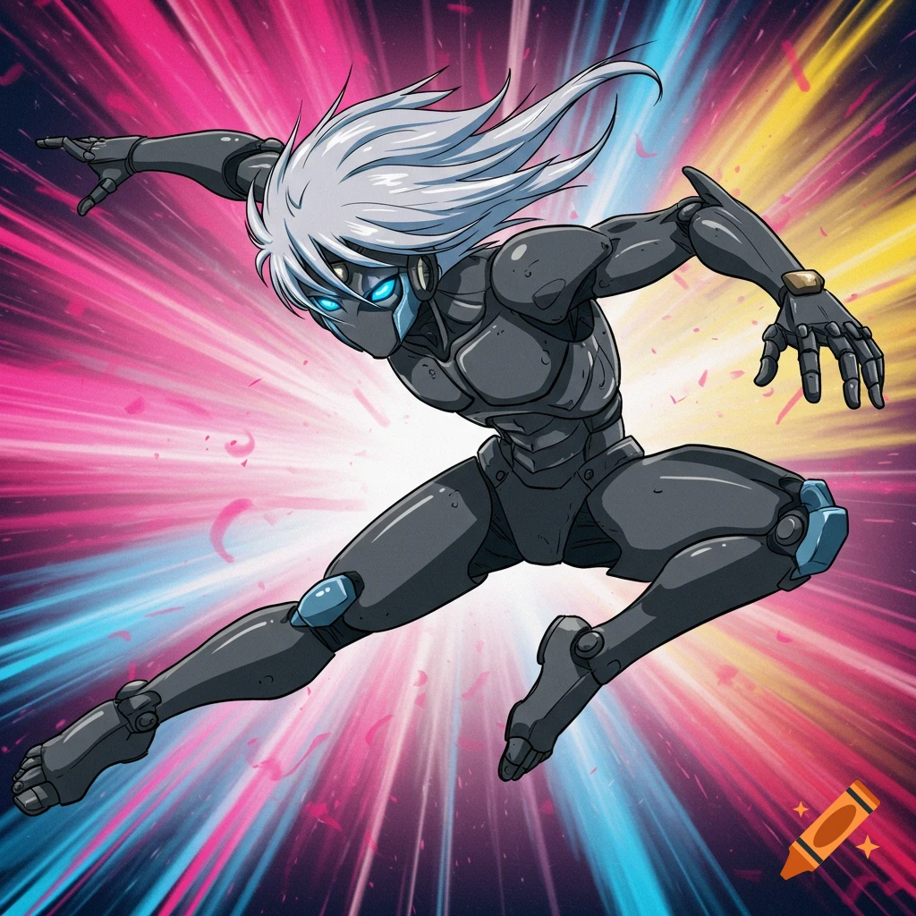 A grey ninja android leaps forward against bright pink, blue, and ...