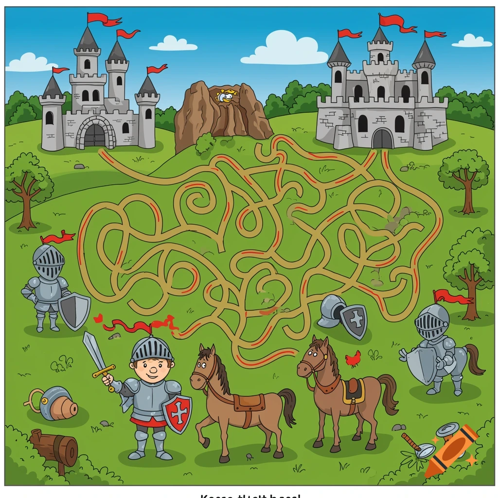 Cartoon maze with knights, horses, and castles on Craiyon