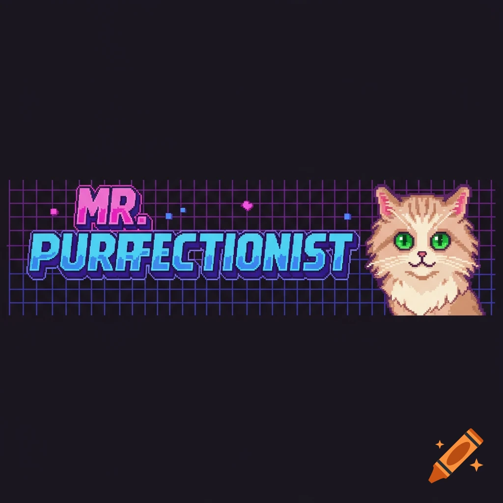 Pixel art twitch banner with text Mr. Purrfectionist on Craiyon